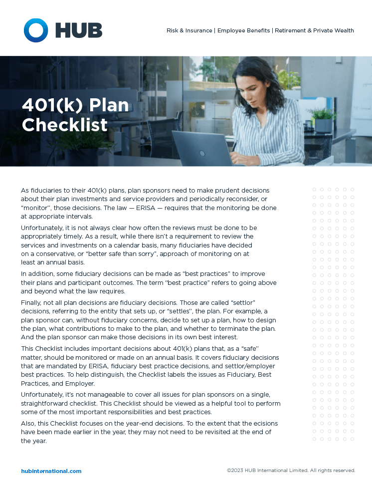 401(k) Plan Fiduciary Checklist | HUB International